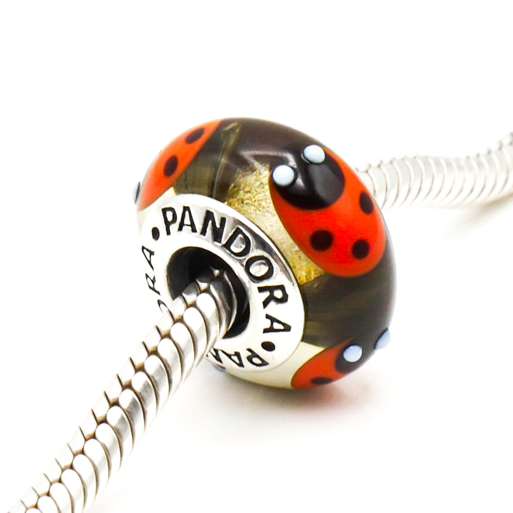 PANDORA Rare Retired Red Ladybugs Murano Glass Sterling Silver Charm ...